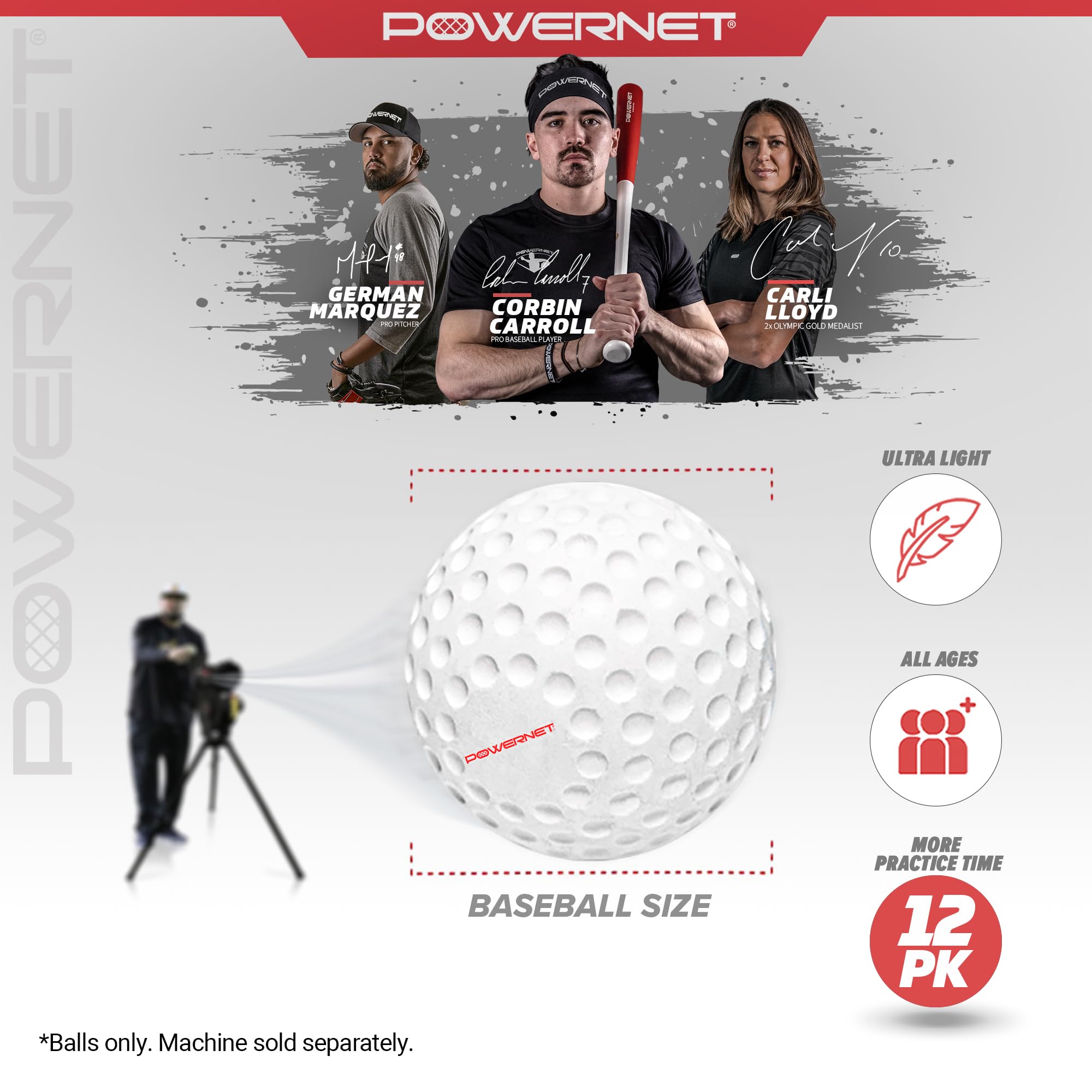 PowerNet Corbin Carroll Launch F-lite Ultra Light Dimpled Practice Balls for Pitching Machine | One Dozen