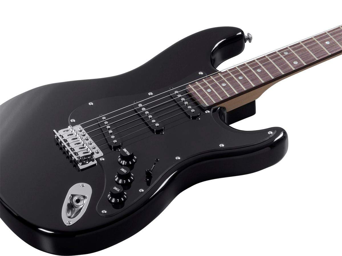 Monoprice Cali Classic Electric Guitar - Black, 6 Strings, Double-Cutaway Solid Body, Right Handed, SSS Pickups, Full-Range Tone, With Gig Bag, Perfect for Beginners - Indio Series
