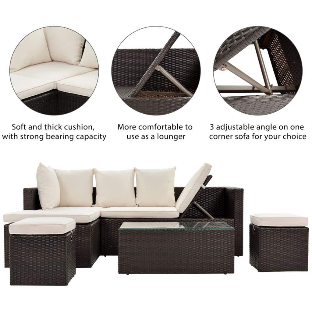 LHLLHL 5 Piece Patio Furniture PE Rattan Wicker Combo Recliner Sofa Set with Glass Table and Adjustable Chairs