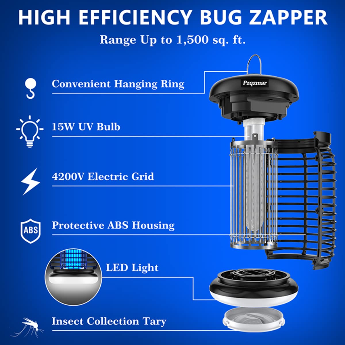 Pzqzmar Bug Zapper Outdoor with LED Light, Waterproof Mosquito Zapper, Electric Fly Zapper, Mosquito Killer & Fly Traps for Outside, Patio, Porch, Backyard, Garden