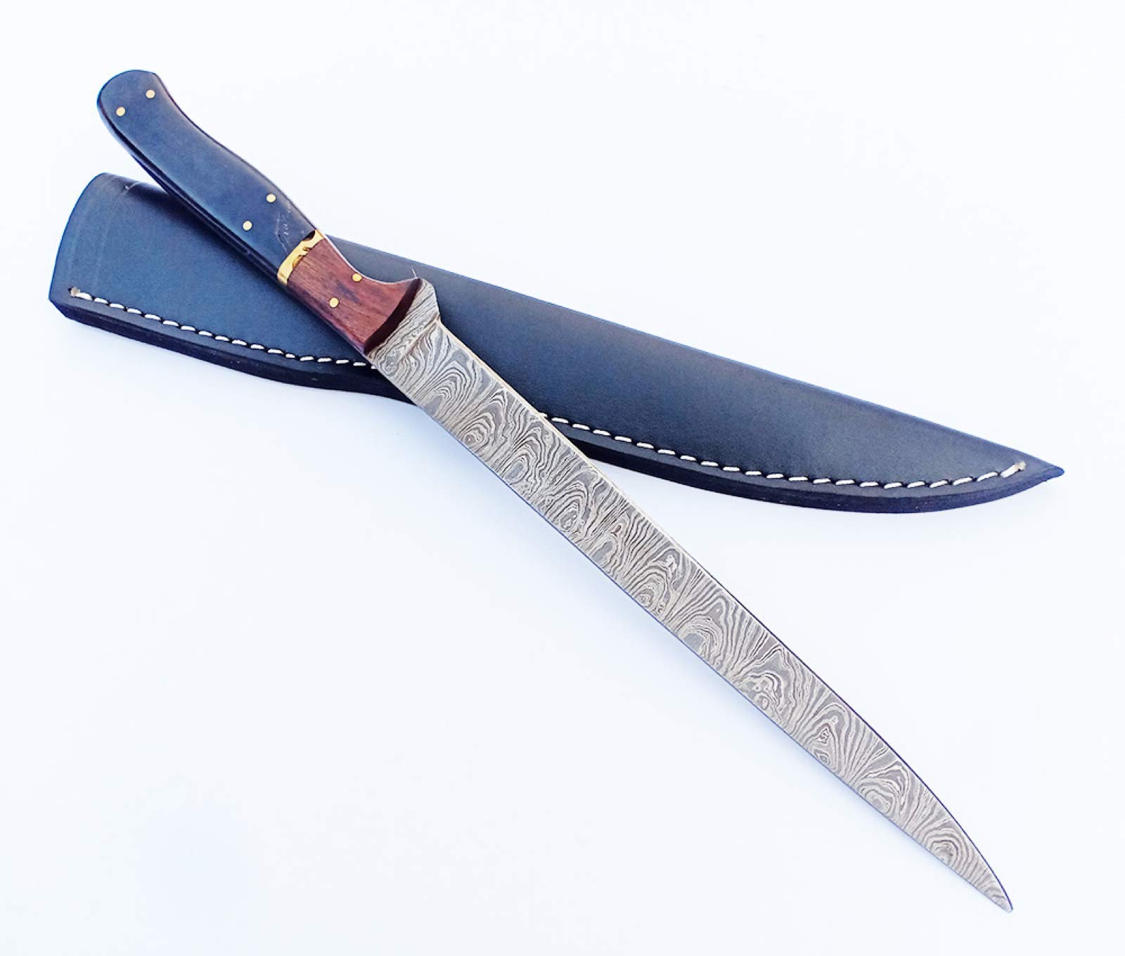 Nooraki F110N Handmade Damascus Steel Large Fillet Knife Hunting Fishing, Full Tang Wood & Horn Handle, 13.5 inch Sharp