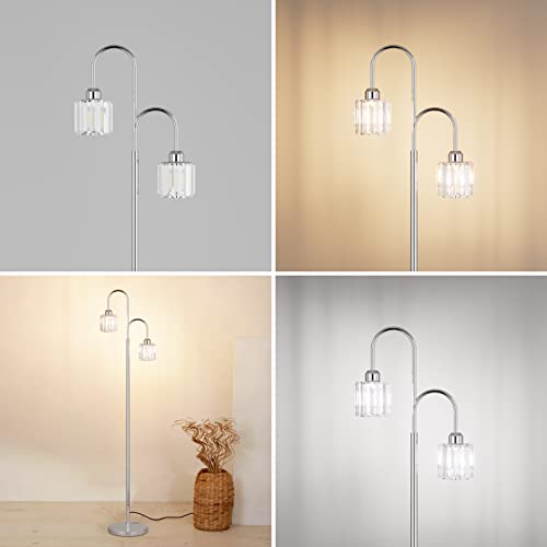 Ralbay Crystal Chrome Floor Lamp, 2-Light Modern Crystal Floor Lamp, Crystal Chrome Tall Lamp Tree Glam Floor Lamp for Living Room Bedroom (Bulb Excluded)