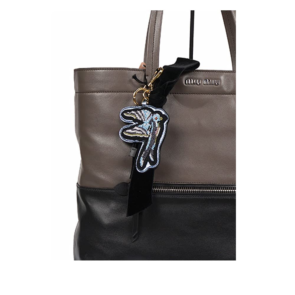 Prada Miu Miu Trick Plex Blason Beaded Blue Bird Black Velvet Bow Keyring 5TL217