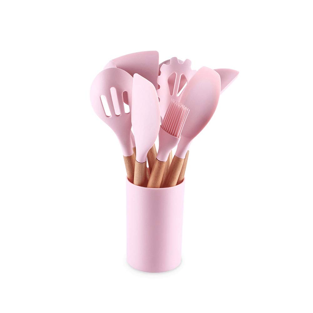 LMMDP Silicone Kitchen Tools Set Cooking Tools Utensils Set Spatula Shovel Soup Spoon with Wooden Handle Special Heat-resistant Design