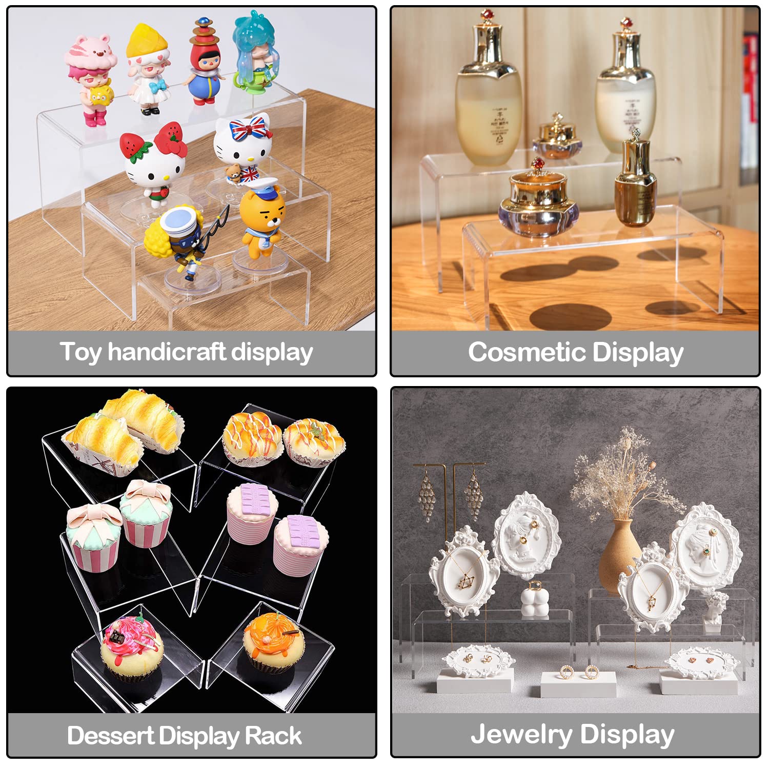 MerryNine 8 Pcs Risers Display Stands, 4-Tier Acrylic Display Stands, Clear Transparent Acrylic Risers For Display Decorative, Buffet, Tabletop Use, Cupcakes, Pop Figures, (Rectangle)