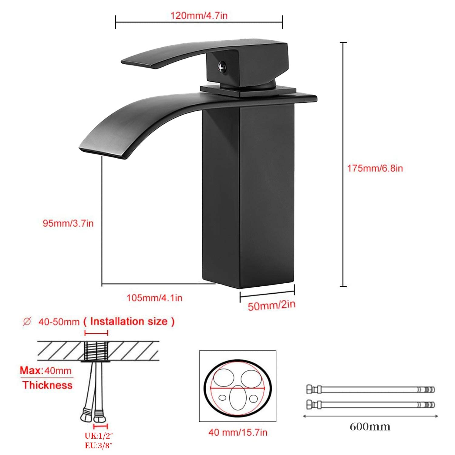 Matte Black Bathroom Faucet Waterfall Bathroom Sink Taps, Single Lever Handle Basin Mixer Tap, Anti-Rust Sink Faucets with Cold and Hot Water Mark, Matt Black