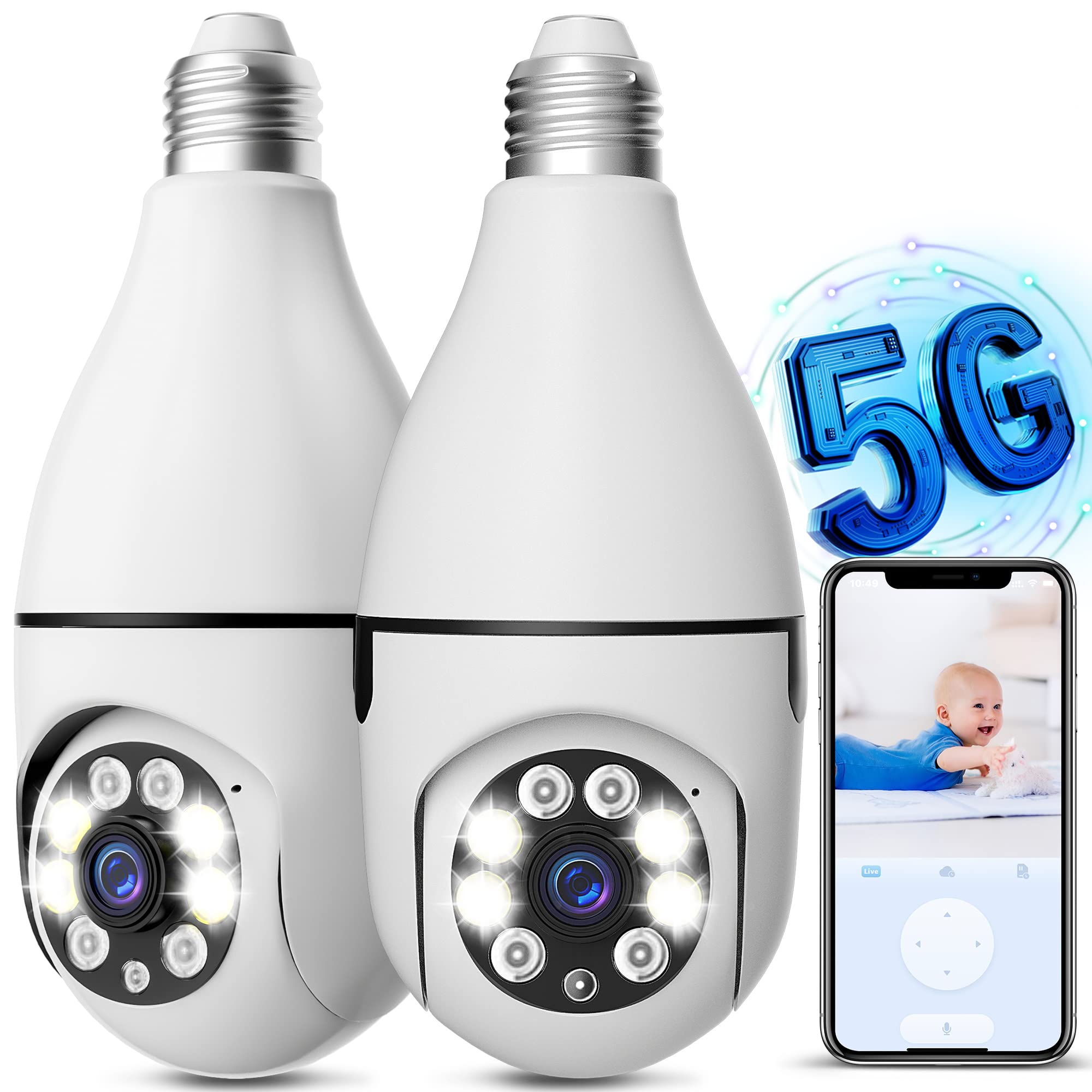 Pack of 2 Light Bulb Security Cameras Outdoor 2.4GHz&5GHz Wireless WiFi 360 Degree Light Socket Screw in Security Camera for Home Security Safe Cam Lightbulb Camera Night Vision