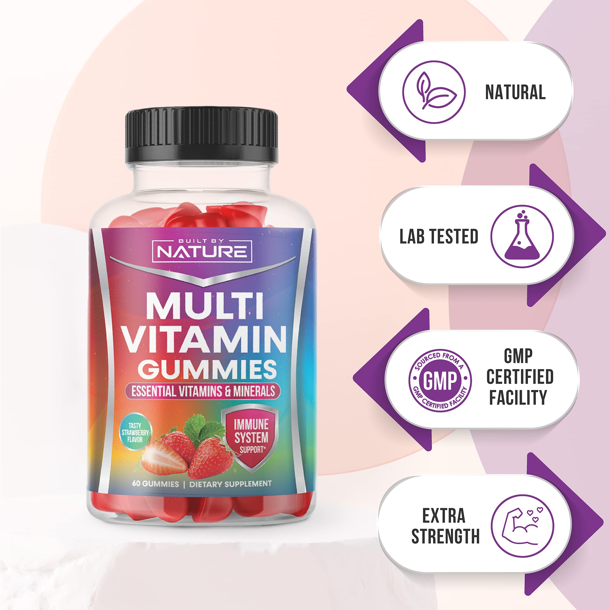 Multivitamin Gummies - Womens & Mens Daily Gummy Multivitamins for Adults with Vitamins A, C, E, B6, B12, and Minerals - Natural Multi Vitamin Supplement, Non-GMO, Berry Flavor - 60 Gummies