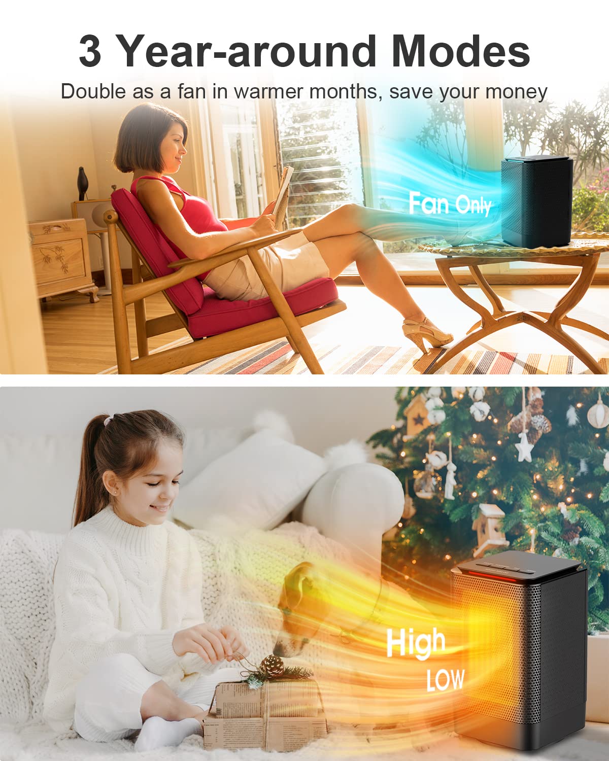 Space Heater, Desk Heater Portable Heater with Oscillation, Electric Space Heaters for Indoor Use with Fan-only Mode, Tip-over & Overheat Protection, Small Heater for Office under Desk