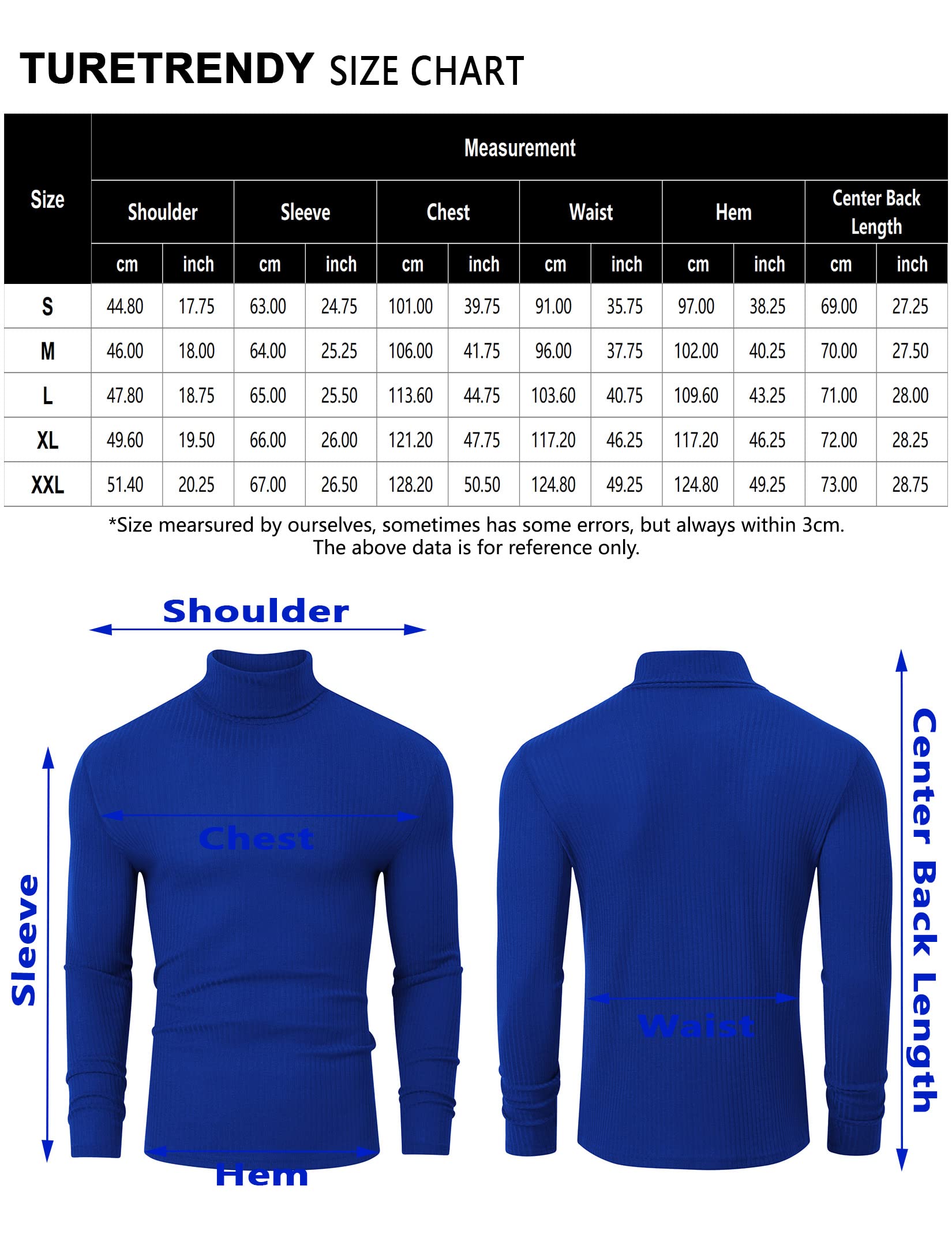 TURETRENDY Men's Stretch Muscle Tshirts Turtleneck Long Sleeve Knit Tees Casual Slim Fit Basic Shirt Tops Royal Blue 2XL
