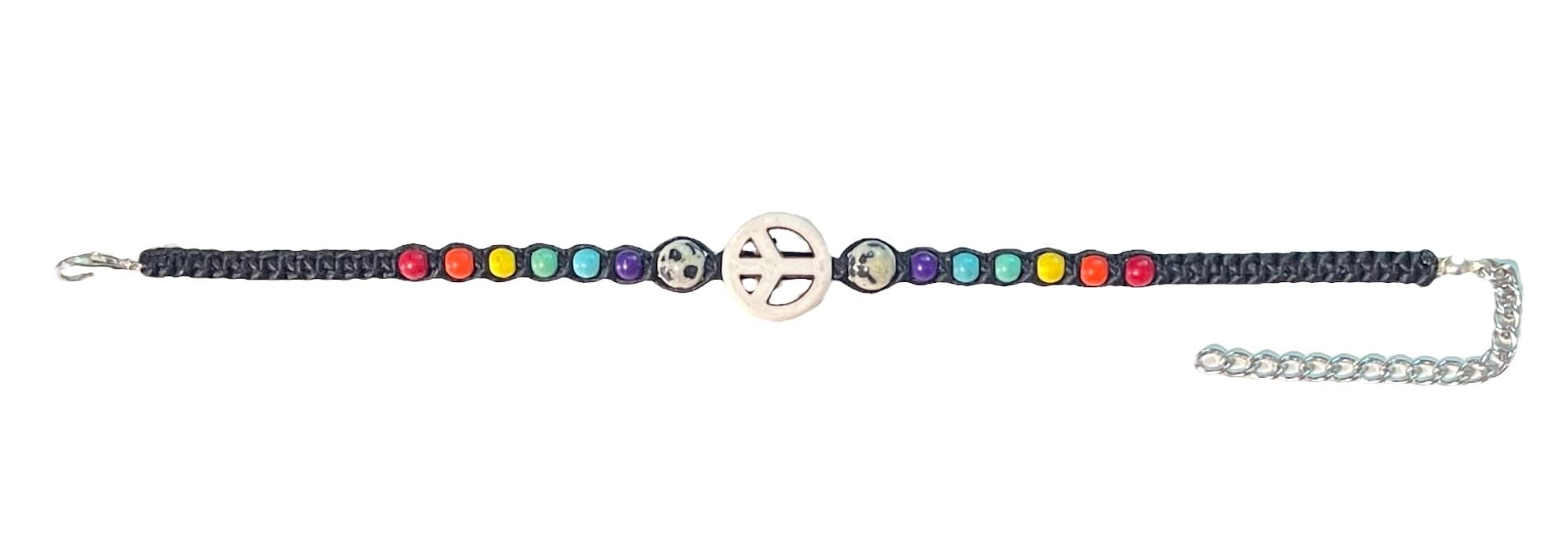 Nove Jewelry Leather Peace Sign Hemp Bracelet - Handmade Bracelet - Adjustable Bracelet (Raibbow White)