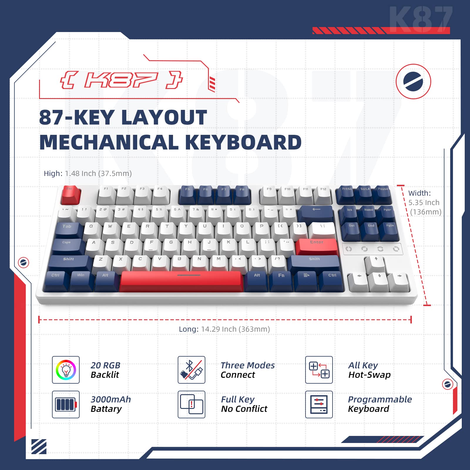 ZIYOU LANG Wireless Gaming Mechanical Keyboard,RGB Backlit 87 Keys Hot Swappable Custom Keyboard, Gasket Structure Triple Mode 2.4Ghz/BT 5.0/Wired Rechargeable Keyboard, Red Switch