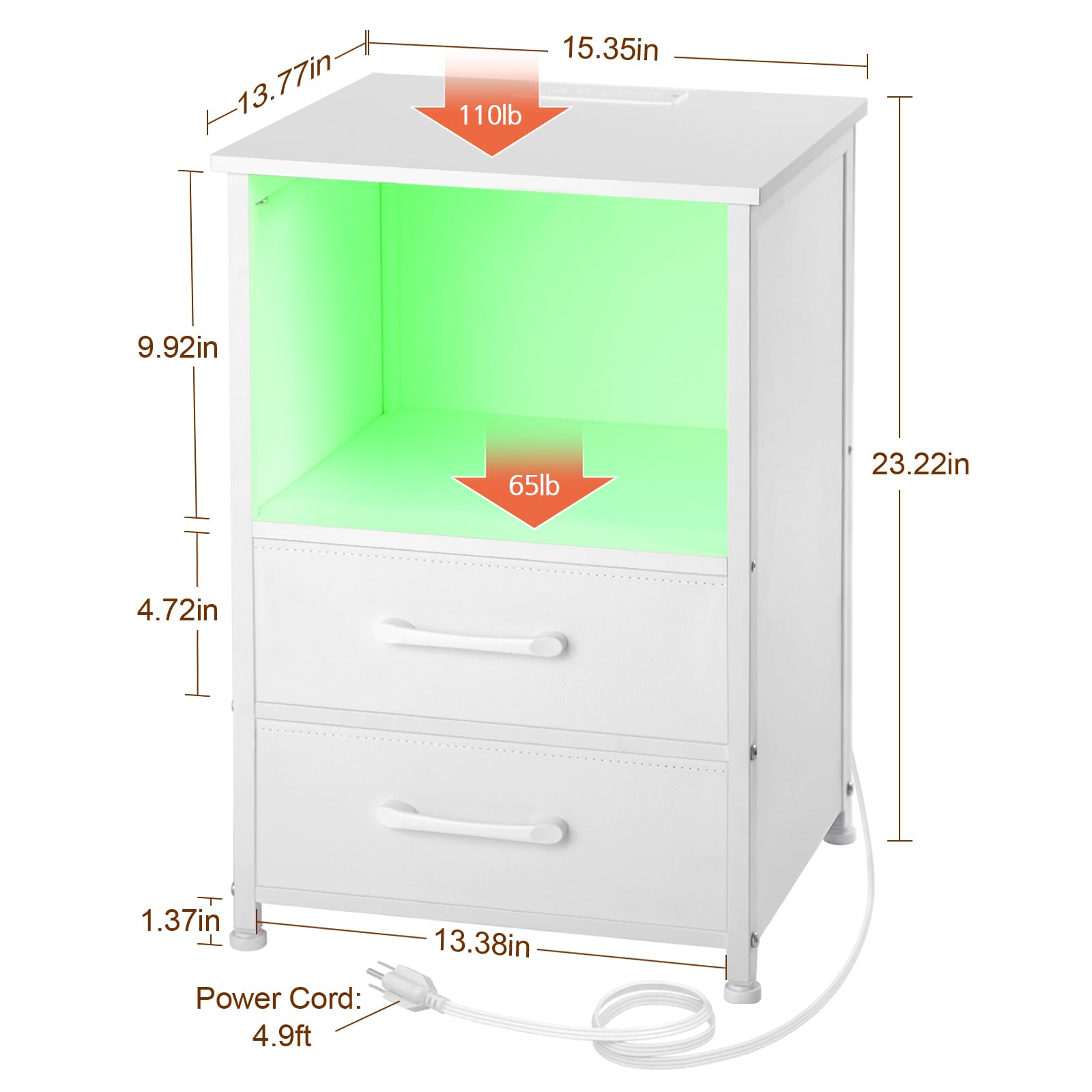 LOAKEKEL White Night Stand Set 2, LED Nightstand with Charging Station, End Tables with 3 Fabric Drawers, Bedside Table with USB Type C Port and Outlets for Bedroom, HNS033WT