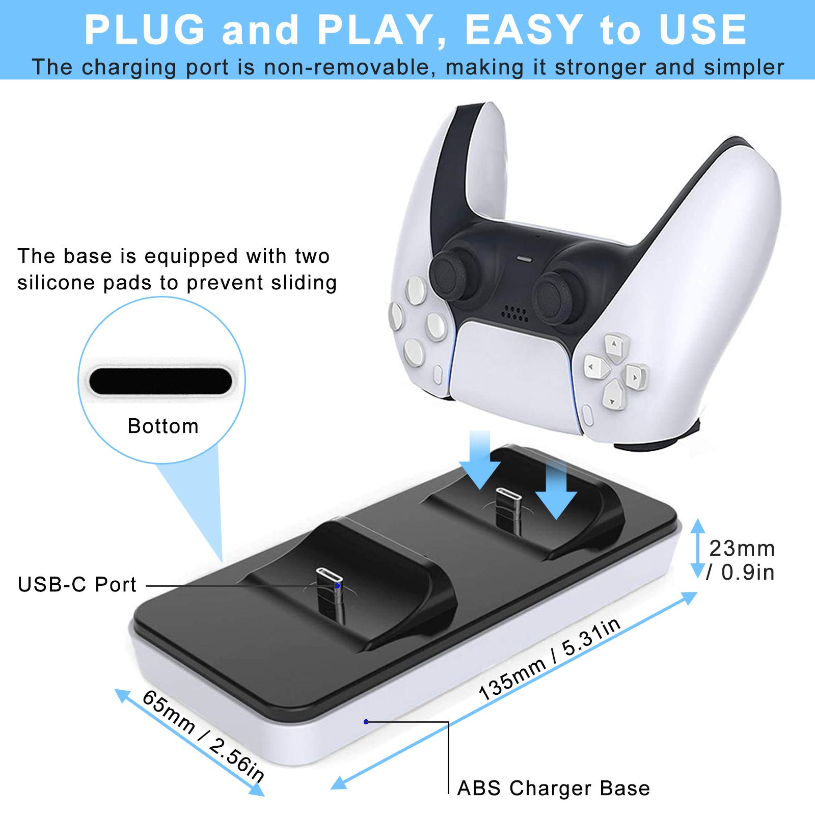 PS5 Controller Charger Dock,Hdiwousp Dual USB Type C Fast Charging Station with USB C Charging Cable,Charger Stand Dock for Sony PlayStation 5, White