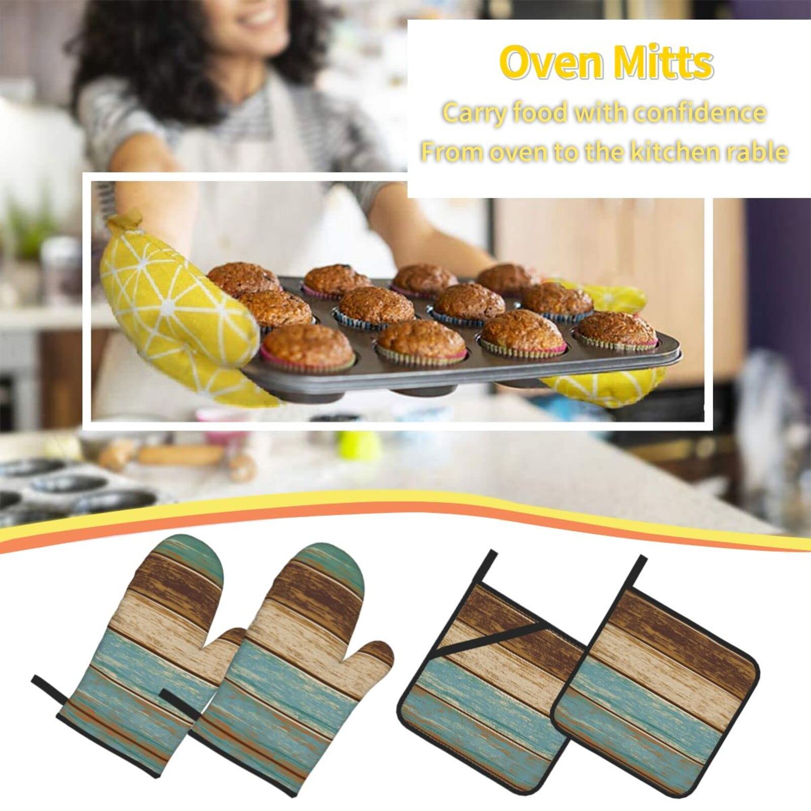 Retro Rustic Barn Wood Oven Mitts and Pot Holders Sets Set of 4,Resistant Hot Pads Non-Slip Cotton Lining Gloves for Kitchen Baking Cooking Grilling