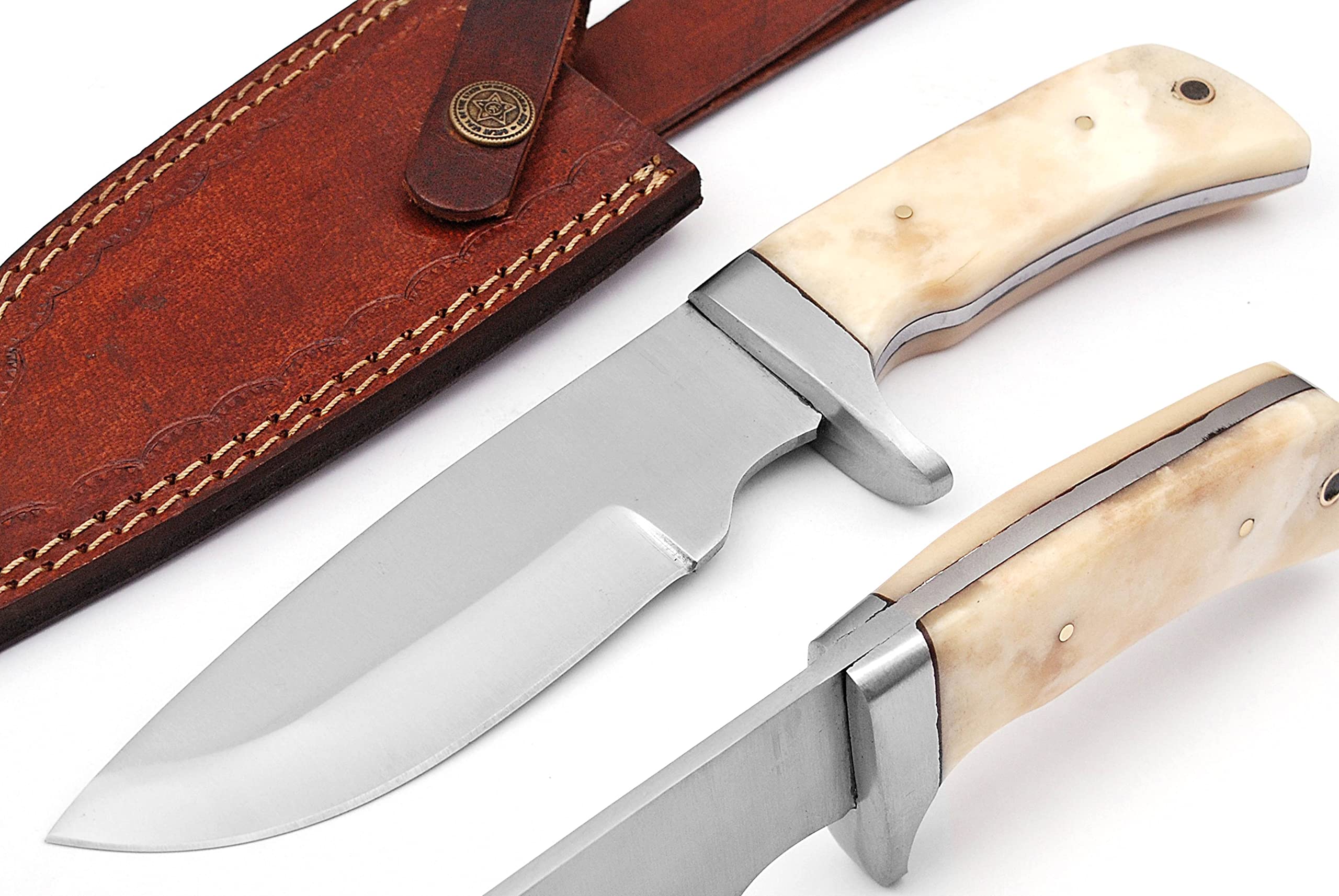 The Blade Point Bushcraft Fixed Blade Hunting Knife - Outdoor Camping Survival EDC Knives, Carbon Steel Chef Knife Camel Bone Handle with Leather Sheath (Camel Bone)