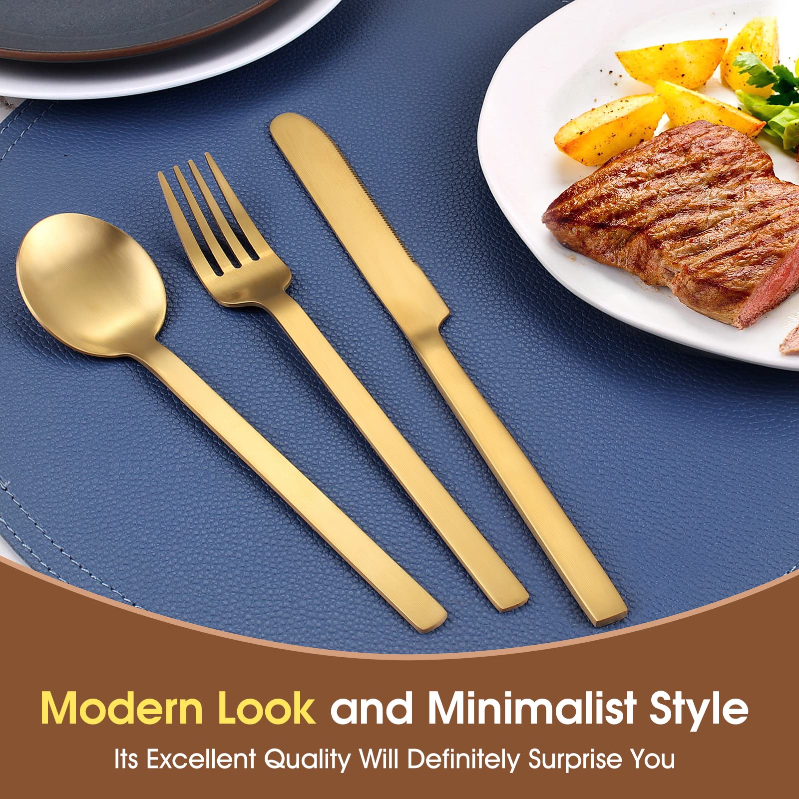 Matte Gold Silverware Set,OPOLIA 30-Piece Stainless Steel Flatware Cutlery Set for 6,Stain Finish Tableware Eating Utensils, Food Grade, Dishwasher Safe