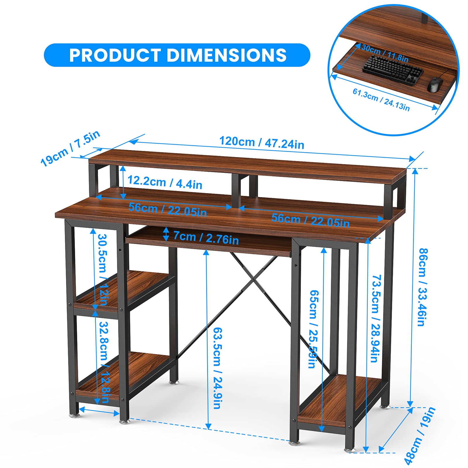 QooWare Computer Desk with Shelves, 47" Writing Desk w/Keyboard Tray & Monitor Stand Riser - Achieve More, Strain Less - Large Desk Space Wooden Study Table for Home Office