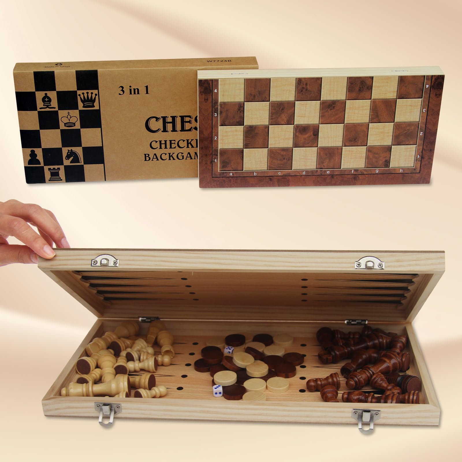 LOGICLORD Chess Backgammon 3-in-1 Board Games Sets 15β Lightweight Checkers Board Game,Strategy Backgammon Sets for Adults,Travel Storage Box Chess