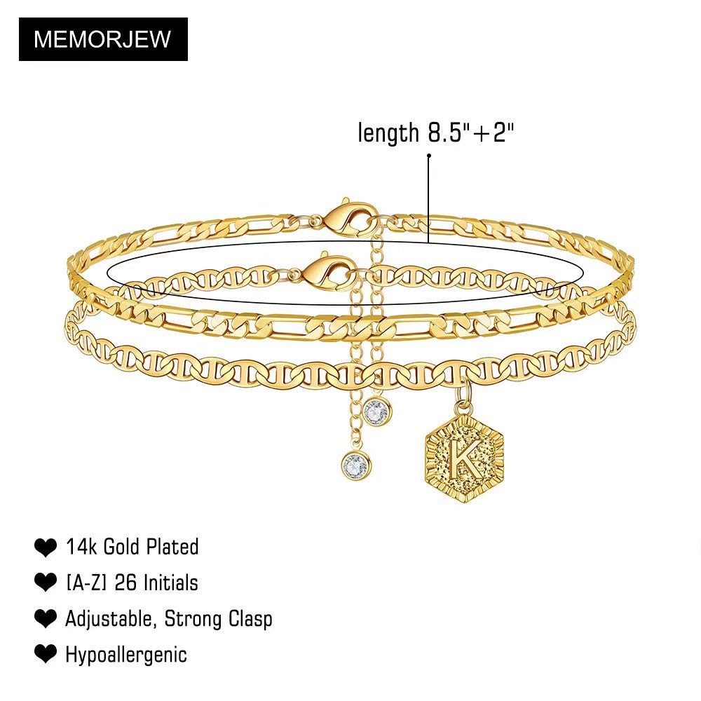 Memorjew Ankle Bracelets for Women Initial Anklet, 14K Gold Plated Layered Anklet Letter K Initial Anklets for Women Gifts