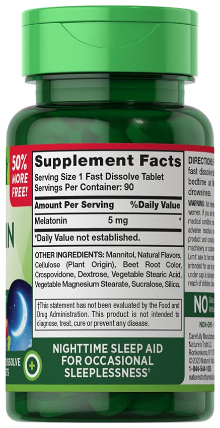 Nature's Truth Melatonin 5 mg Fast Dissolve Tabs Natural Berry Flavor - 90 ct, Pack of 2