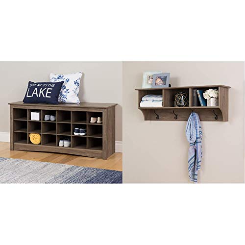 Prepac Entryway Shoe Cubbie Bench, Drifted Gray & 48" Wide Hanging Entryway Shelf, Drifted Gray