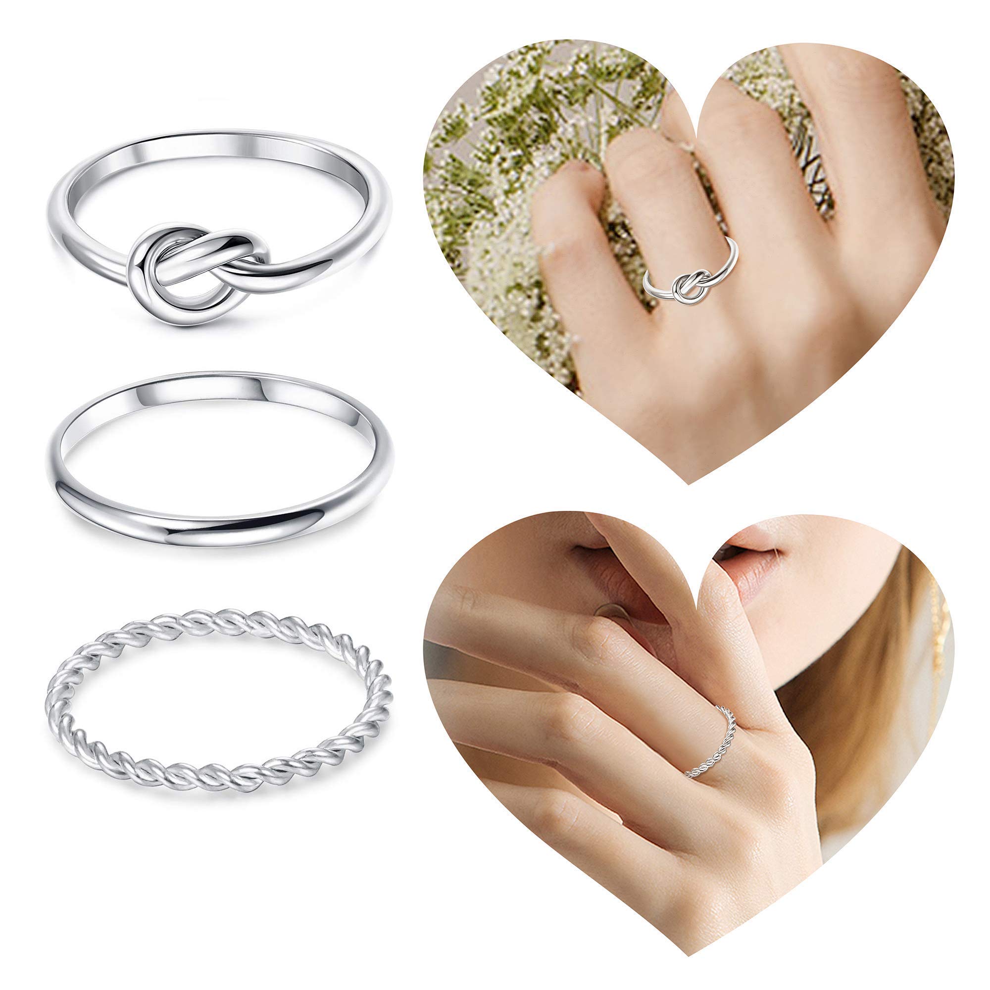 ORAZIO 4 Pcs Silver Wave Rings for Women Twist Knot Band Stackable Rings Stainless Steel Simple Thumb Cute Rose Gold Rings Set