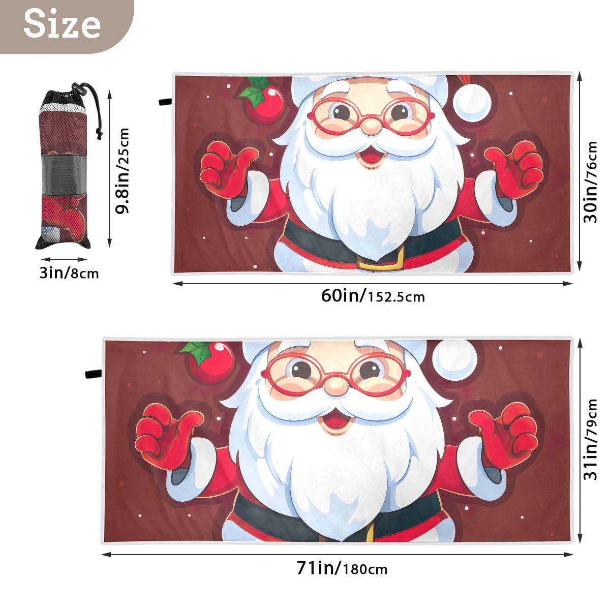 ODAWA Christmas Cute Santa Camp Towel Quick Dry Beach Towel Oversized 30x60 Inch