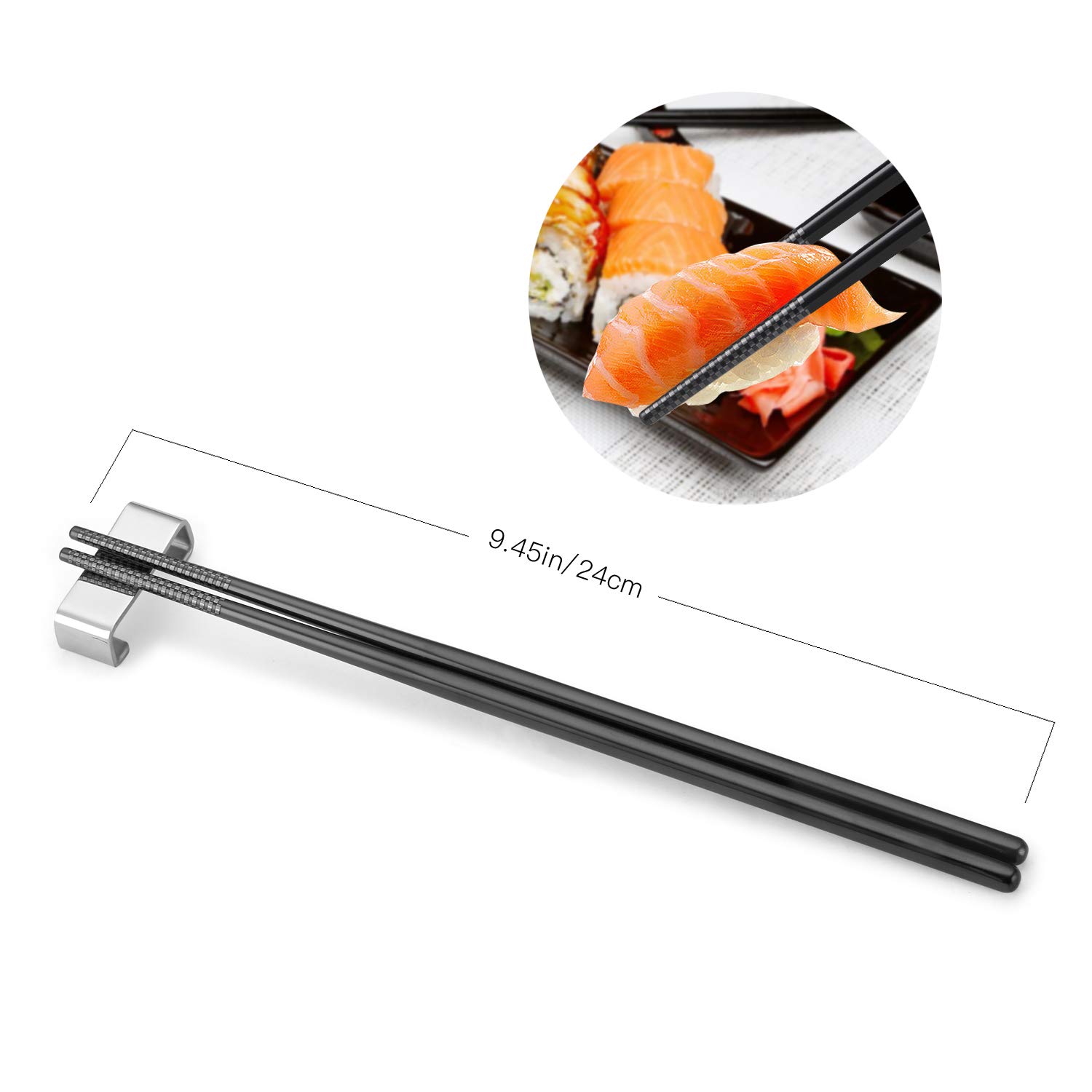SHARECOOK Chopsticks set, 18/10 Stainless Steel Metal Korean Chopsticks, 9.45 Inches Reusable Chopsticks for Dinner, Easy to Hold (5 Pairs, Black)