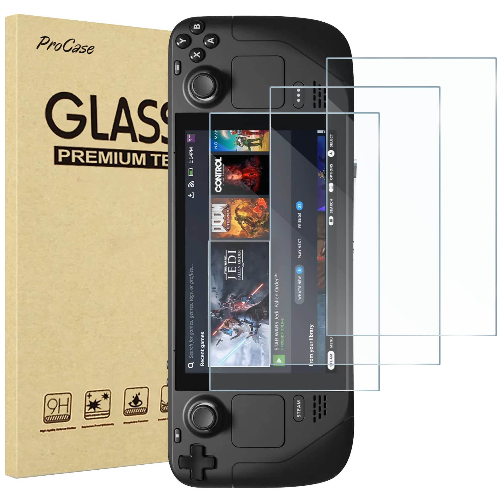 ProCase 3 Pack Screen Protector Compatible with Steam Deck 2022, 7 Inch Tempered Glass Screen Film Guard Rounded Edge Glass Screen Protector for Steam Deck