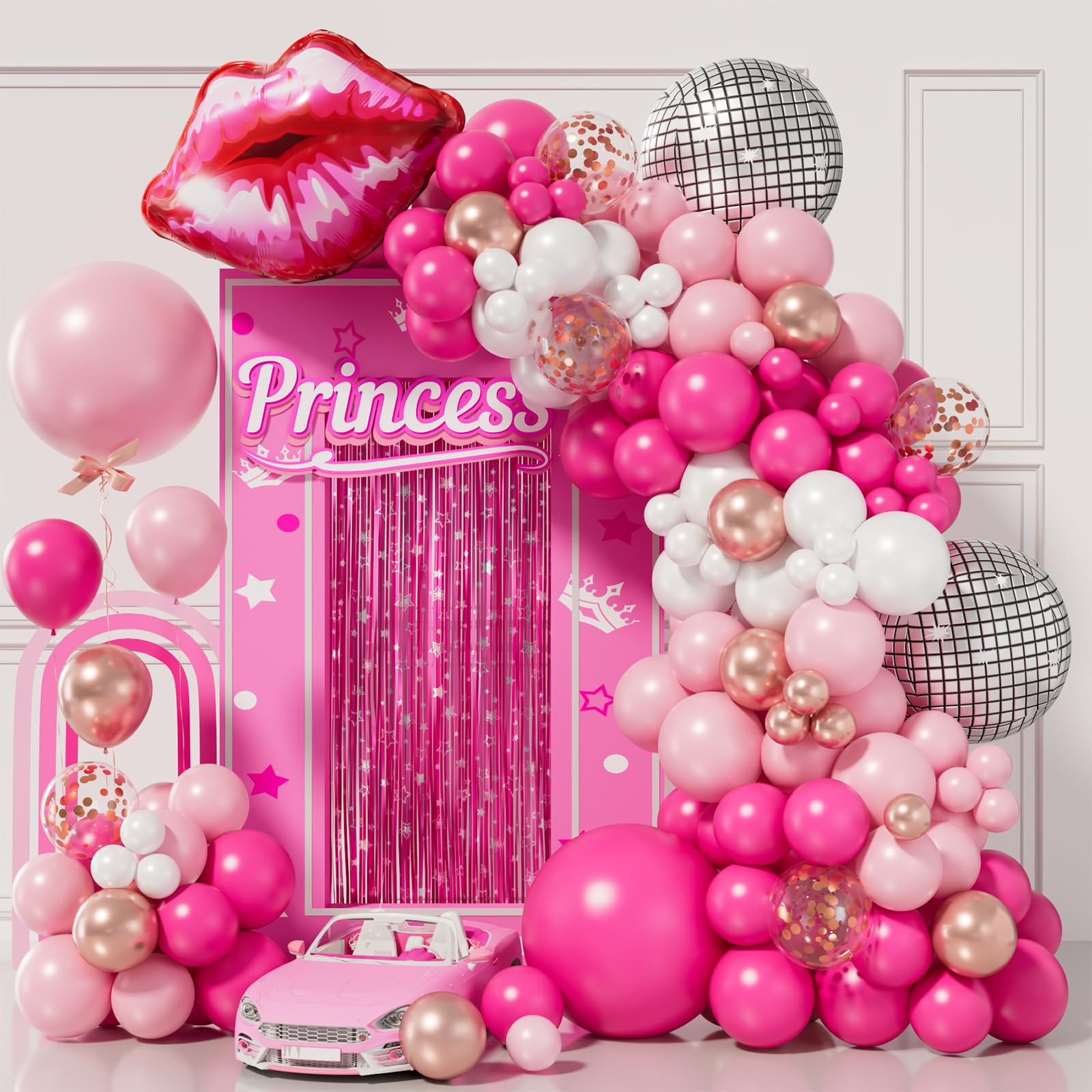 Pink Balloon Garland Arch Kit with Hot Pink Rose Gold Chrome Balloons with Heart Lip Silver Disco Ball Balloon for Girls Birthday Princess Party Background Valentine's Day Baby Shower Decorations