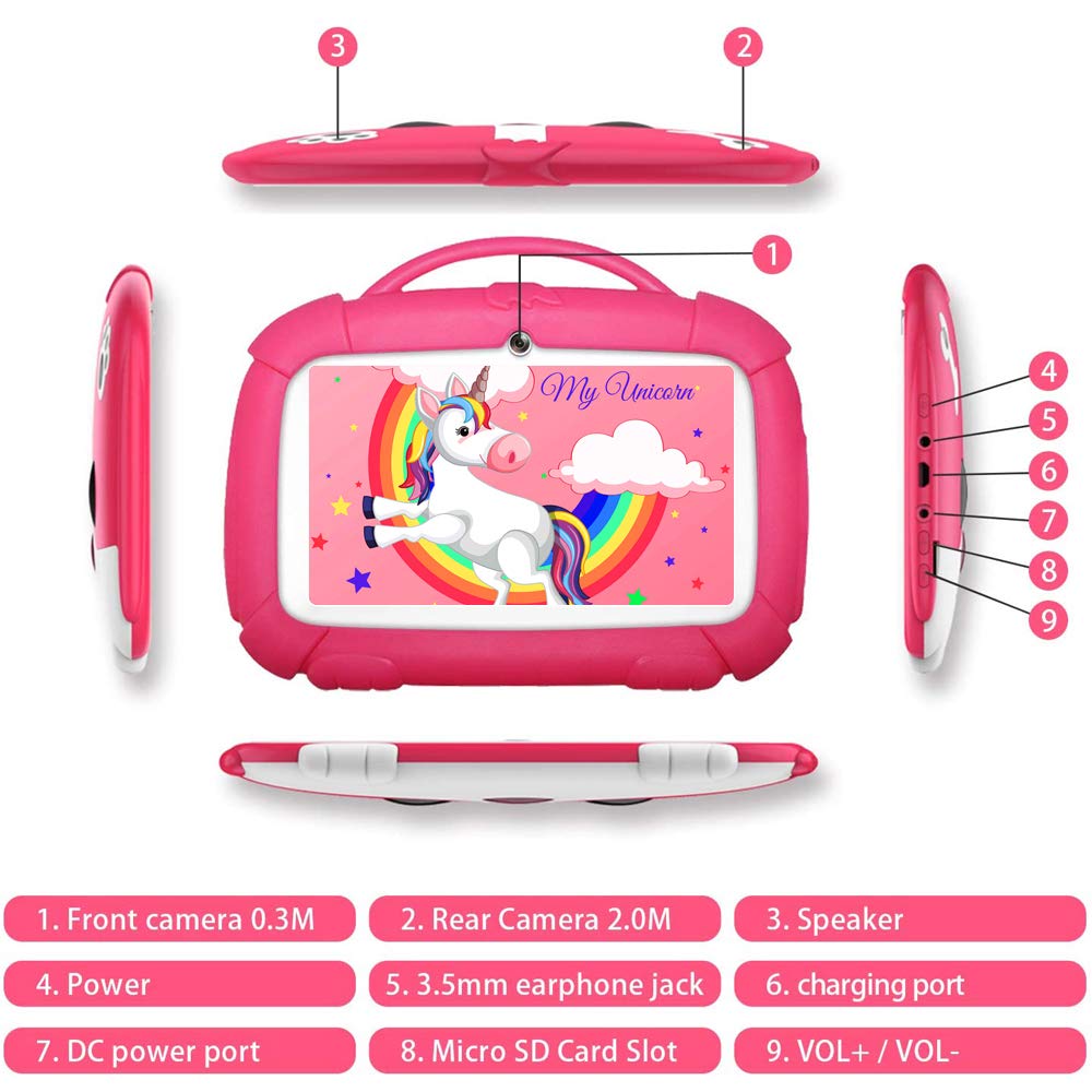 Padgene Kids Tablet 7 Inch,Android 9.0 Parental Control Kids Mode Pre-Installed WiFi Tablet Learning Games Camera IPS HD Display 1 GB+16GB with Kid-Proof Case (7 Inch, Pink)