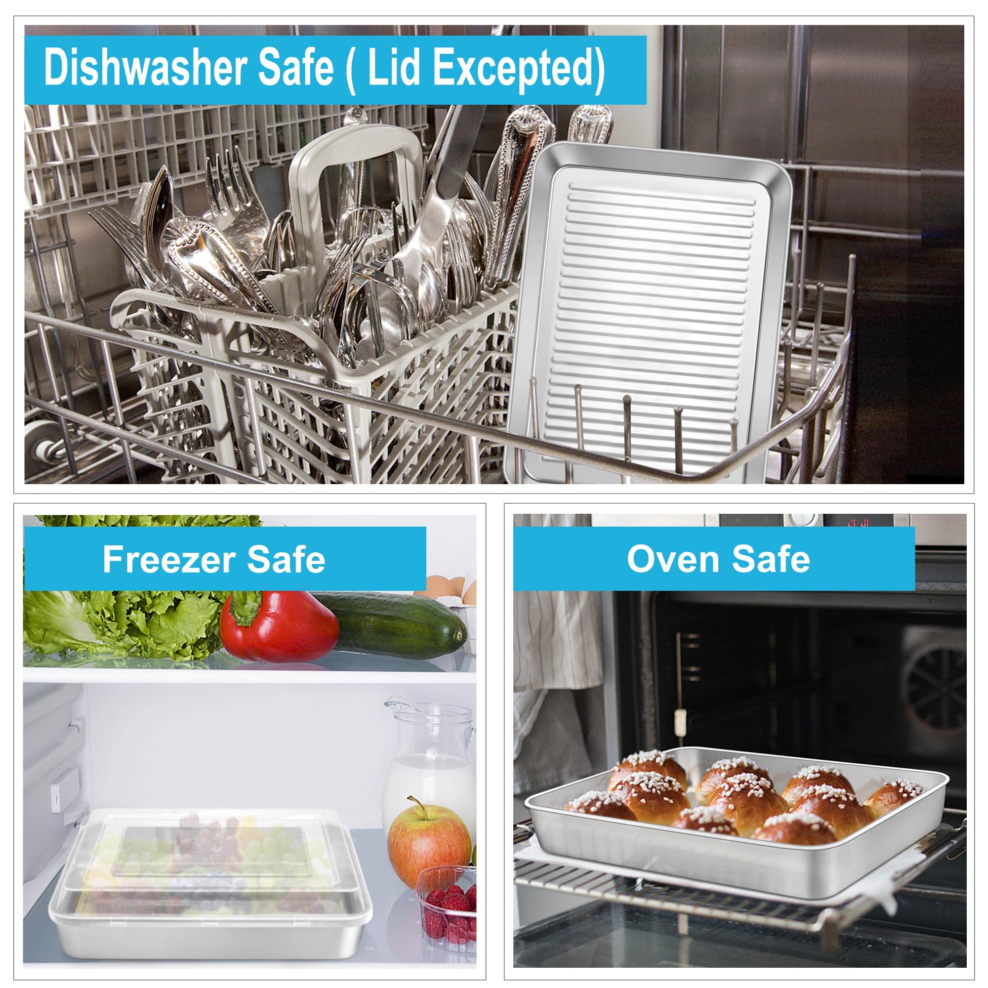TeamFar Rectangular Cake Pan with Lid, 10.5 Inch Stainless Steel Small Baking Roasting Lasagna Cake Pan, Corrugated Bottom & Deep Side, Healthy & Heavy Duty, Dishwasher Safe - (1 Pan + 1 Lid)