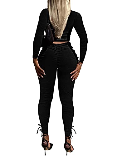 Track Suits for Women Set 2 Piece Ribbed Workout Outfit Long Sleeve Crop Top Butt Lift Legging Sets Black L