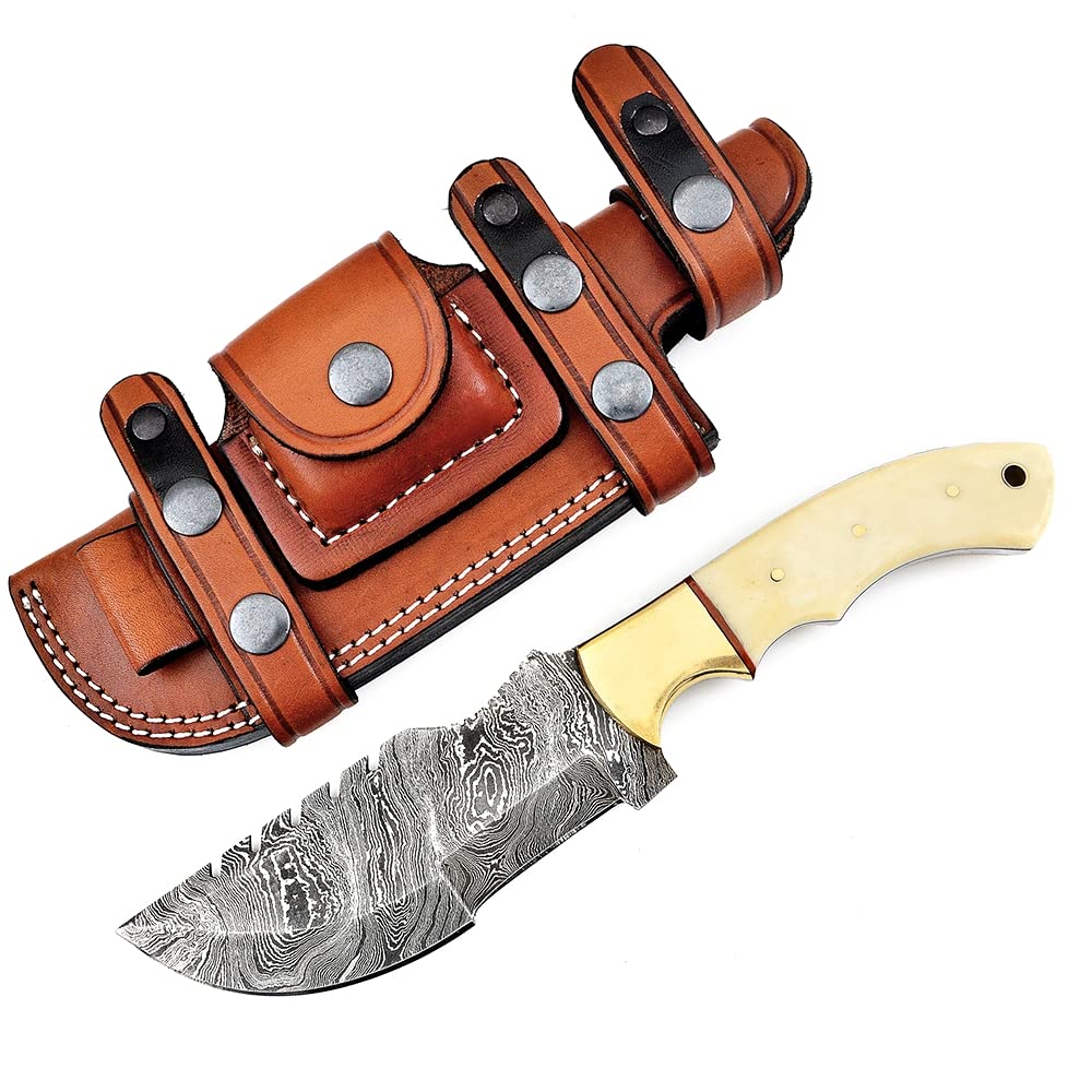 Tracker Knife with Sheath, Damascus Steel Hunting Knife with Bone Handle, Fixed Blade Bushcraft Survival Knife, Horizontal Carry Knife