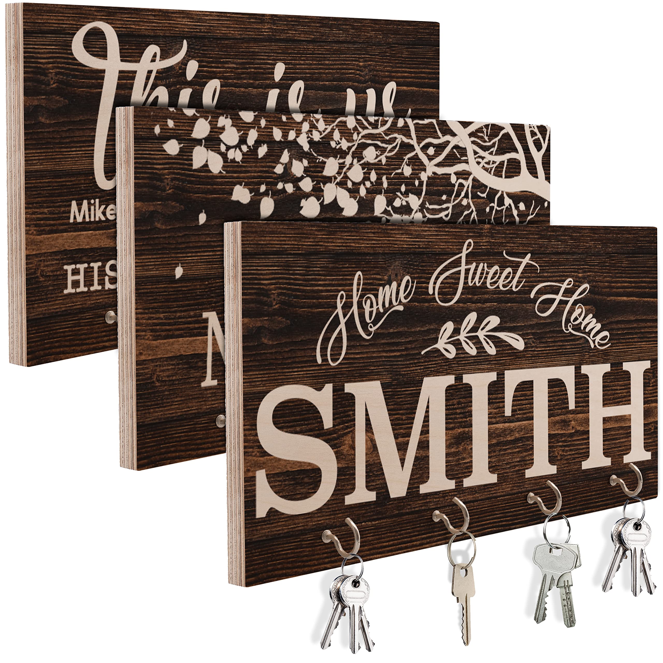 Naive Argo Personalized Wood Wall Mount Key Holder for Couple Mr Mrs Wedding Gift | New Home Décor Customize Key Ring Hook Hanger for Housewarming Gifts | C01D04