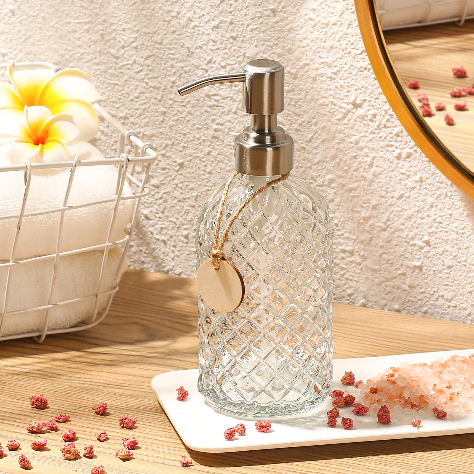 MOCLIF 16 OZ Clear Soap Dispenser with 304 Rustproof Stainless Steel Pump Bathroom Kitchen,Soap Dispenser,Refillable Liquid Glass Soap Dispenser for Hand Soap, Dish Soap, Lotion(Clear)