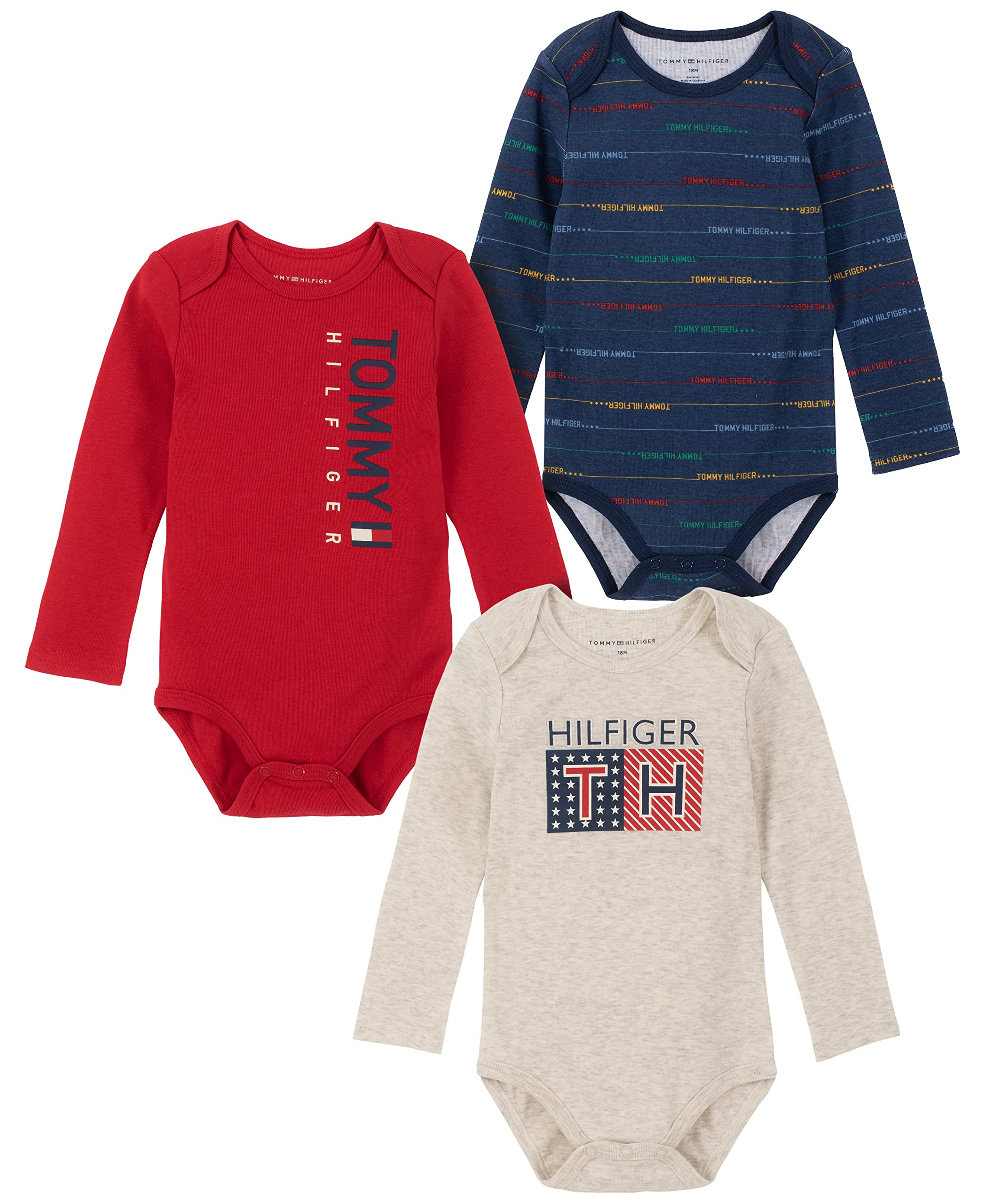 Tommy Hilfiger Baby Boys 3 Pieces Pack Bodysuit And Toddler Layette Set, Oatmeal/Blue/Scarlet, 12M US