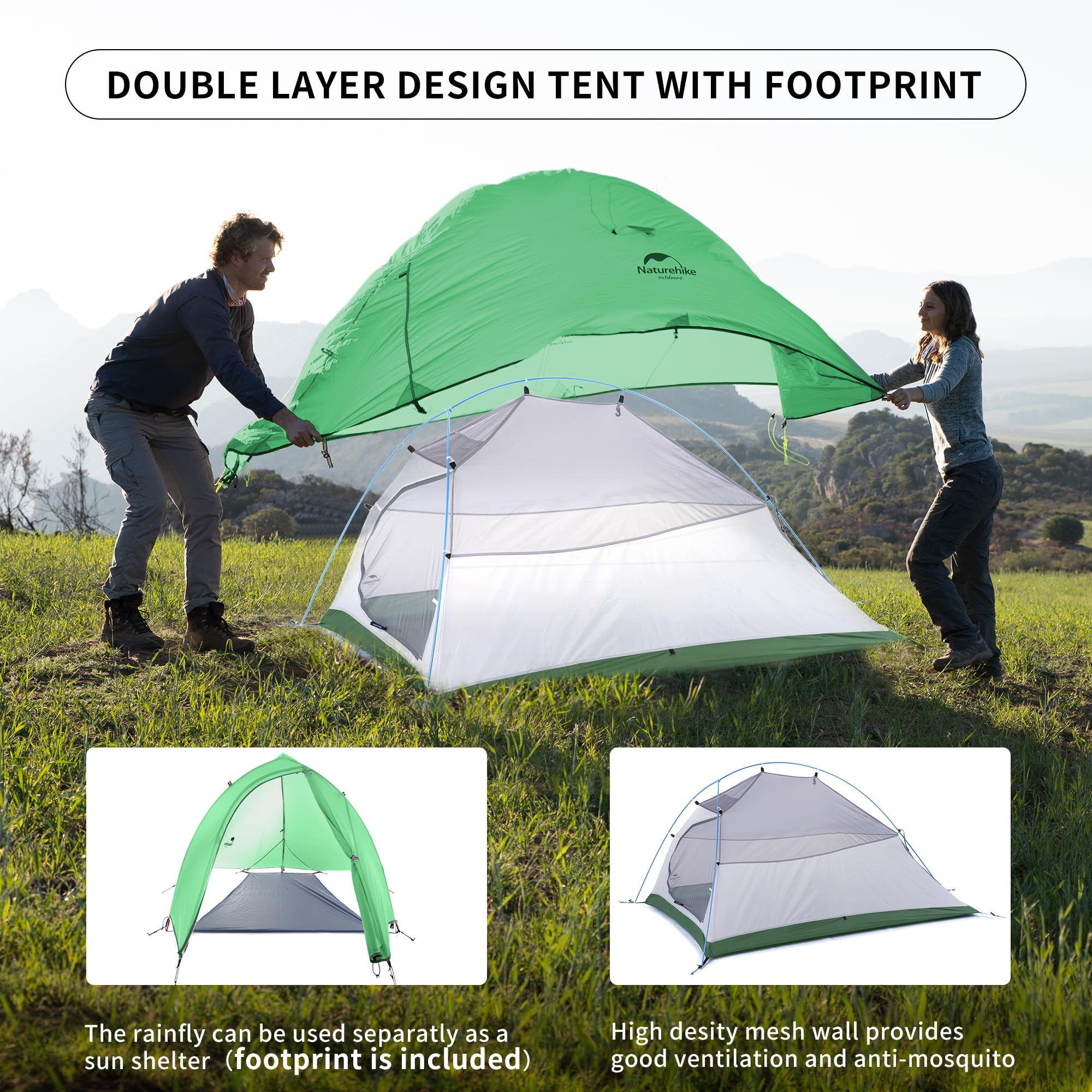Naturehike Cloud-Up 2 Person Tent Lightweight Backpacking Tent with Footprint - Free Standing Ultralight Camping Hiking Backpack Tents Two Person Tent