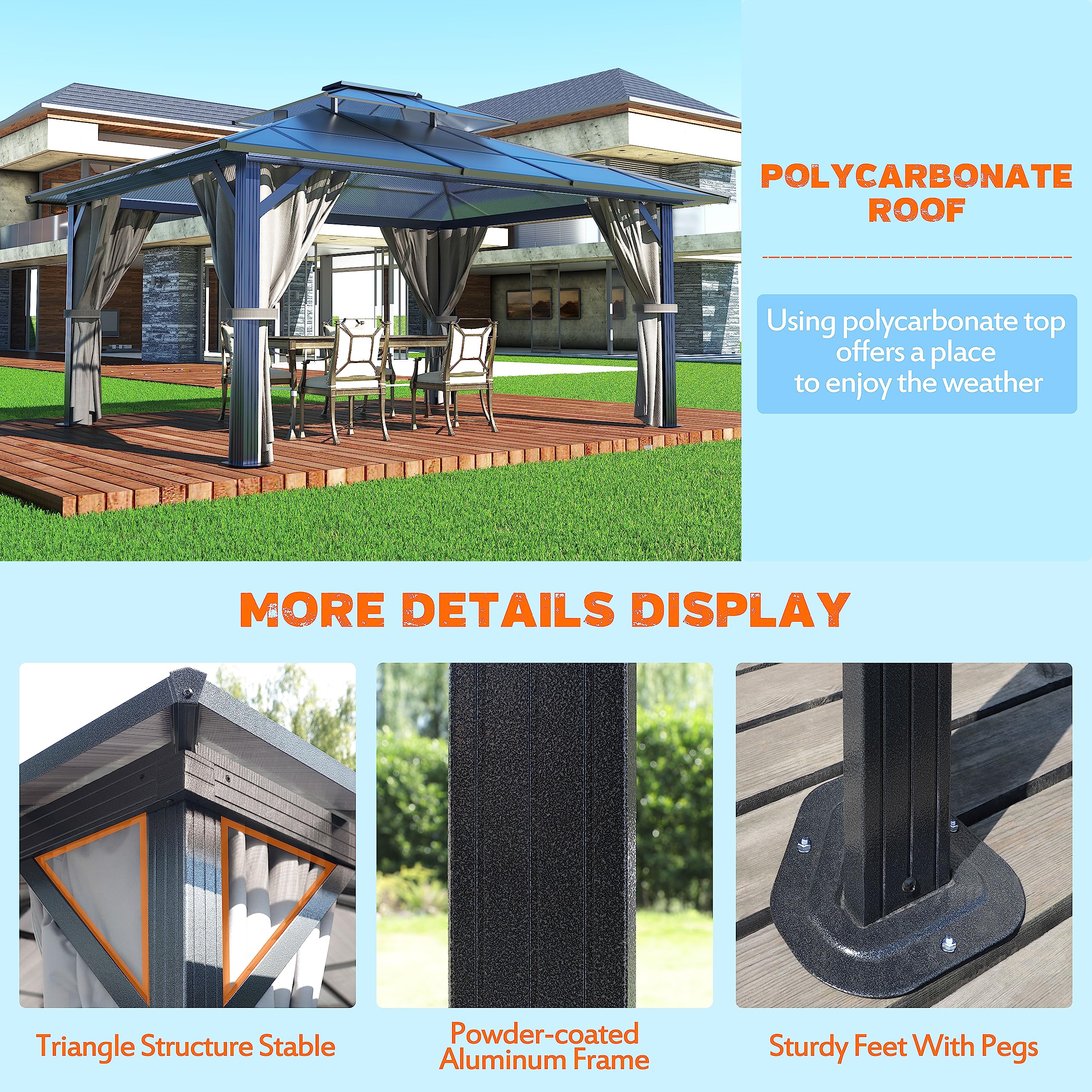 MUPATER Outdoor 10' x 13' Polycarbonate Hardtop Gazebo with Aluminum Frame, Double Roof Canopy, Netting and Curtainsfor Patios, Deck, Lawns, Gardens and Pools