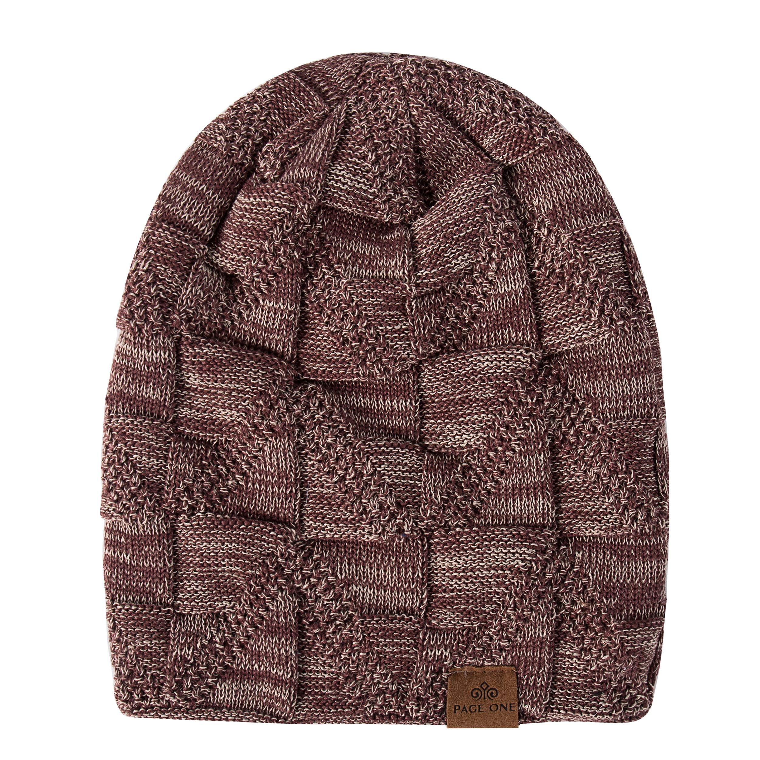 PAGE ONE Mens Winter Slouchy Beanie Warm Fleece Lined Skull Cap Baggy Cable Knit Hat Red Coffee