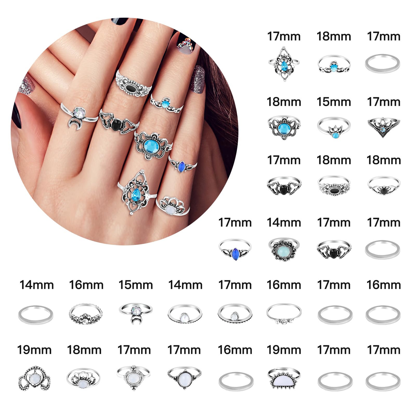 ONESING 154 Pcs Knuckle Rings for Women, Vintage Knuckle Rings Set, Stackable Finger Rings Set Bohemian Retro Vintage Jewelry Silver Rings Crystal Joint Rings Hollow Carved Flowe