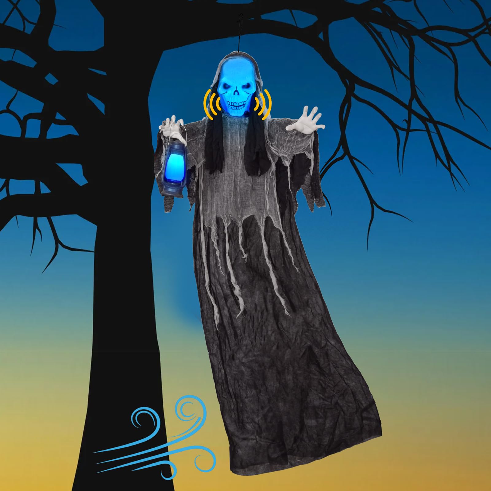 NIFTI NEST Grim Reaper with Light-up Head, Lamp & Creepy Voice, Ghost Skeletons Halloween Decorations Haunted House Props