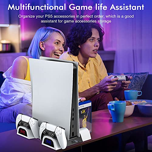 PS5 Cooling Station with Controller Charger, PS5 Horizontal Stand for Standard and Digital Playstation 5 Console, PS5 Accessories Cooler Stand with Headset Holder, Game Slot, AC Adapter
