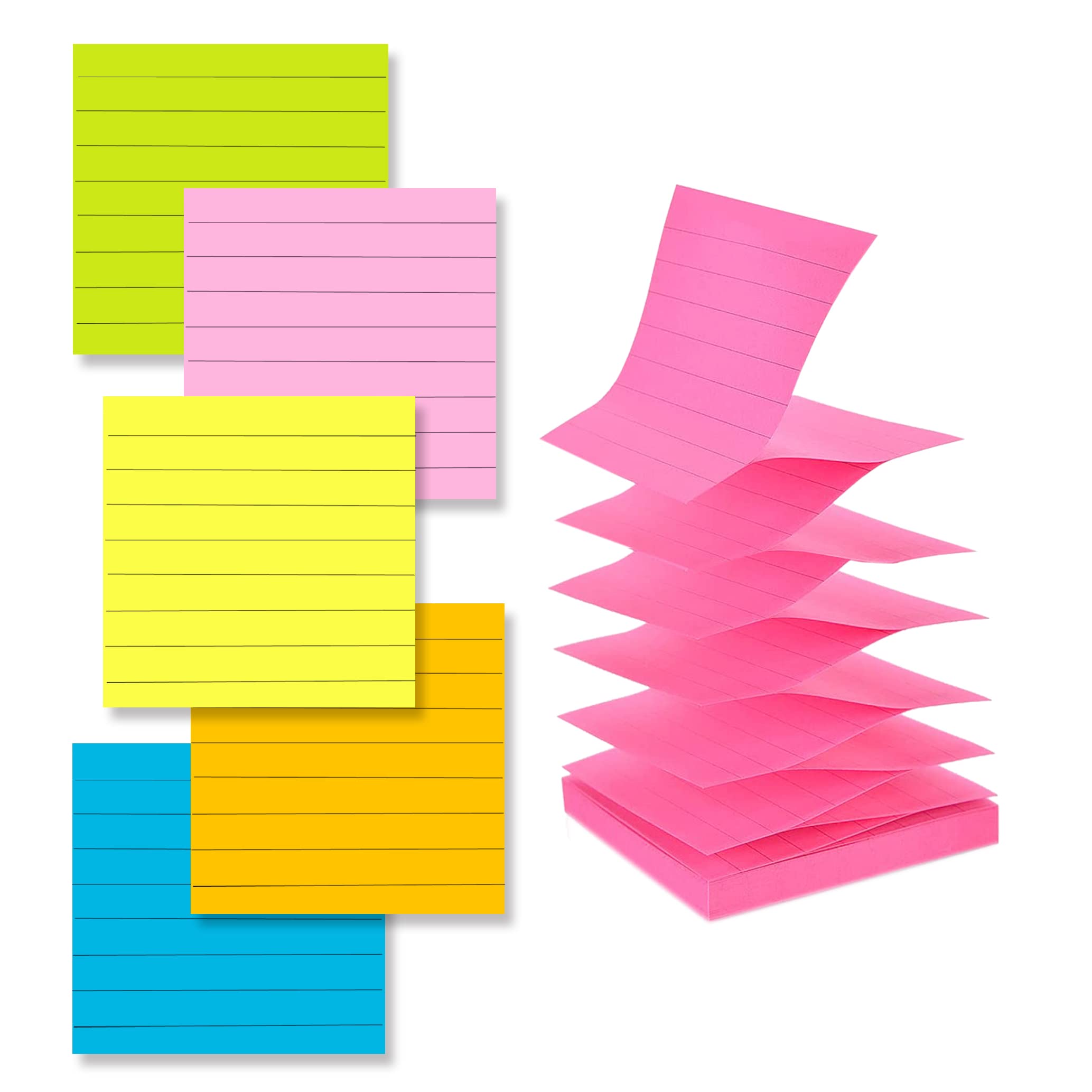 Pop Up Sticky Note Pads with Lined 3x3 Inches 3x3 Refill Accordian Sticky Notes 6 Neon Bright Color Self-Stick Pads Easy to Post 6 Pads 100 Sheet/pad 600 Sheet Total Individual Package