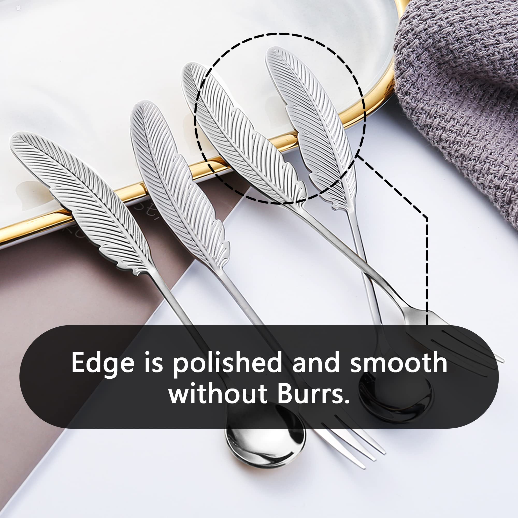 Teaspoons & Dessert Forks Set Feather Shape 18/10 Stainless Steel, Cute Silver Espresso Flatware Set for Dessert Coffee Ice Cream Pudding Condiment, 4pcs Tea Stirring Spoons & 4pcs Appetizer Forks