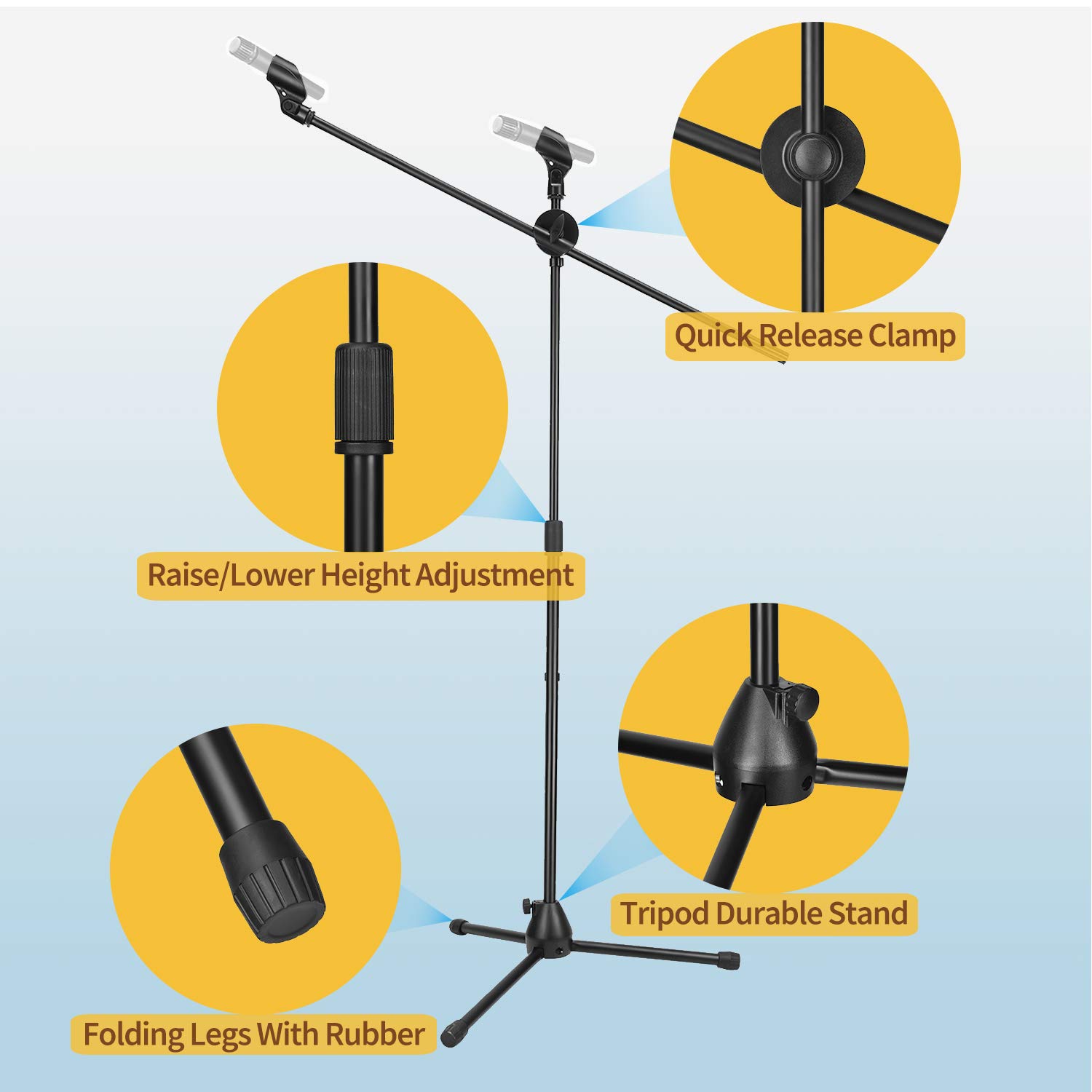 Moukey Mic Stand, Tripod Boom Microphone Stands with 4 Non-Slip Mic Clips and 4 Foam covers, Adjustable, Collapsible for Shure sm7b / sm58, 2-Pack (Black)