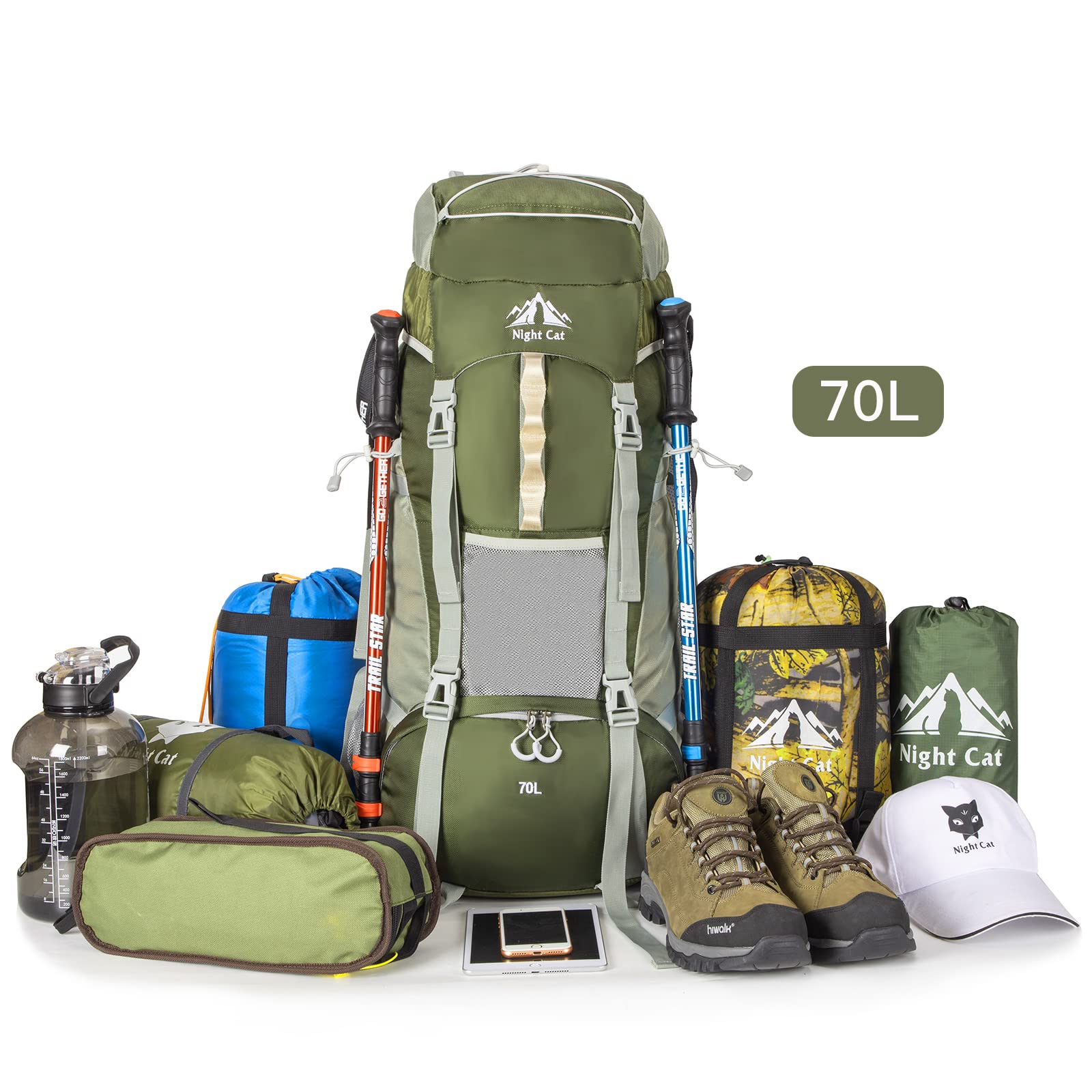 Night Cat Camping Backpacks 70L Hiking Backpack for Men Women Lightweight Waterproof Backpacking Cycling Traveling