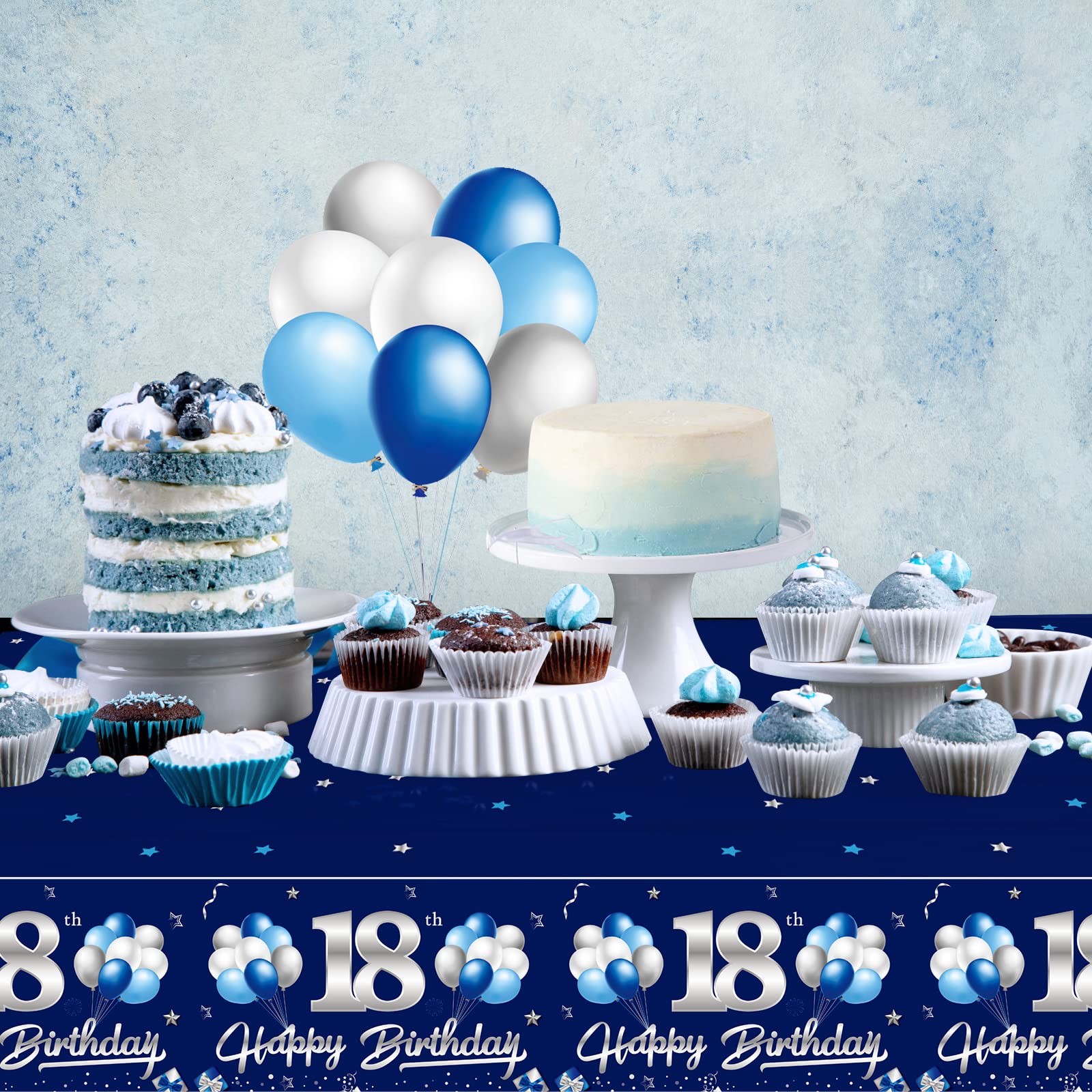 Turypaty 3 Pack Blue Silver 18th Birthday Tablecloth Decorations for Boy, Navy Blue Happy 18 Table Cover Party Supplies, Eighteen Years Old Birthday Disposable Rectangular Table Cloths