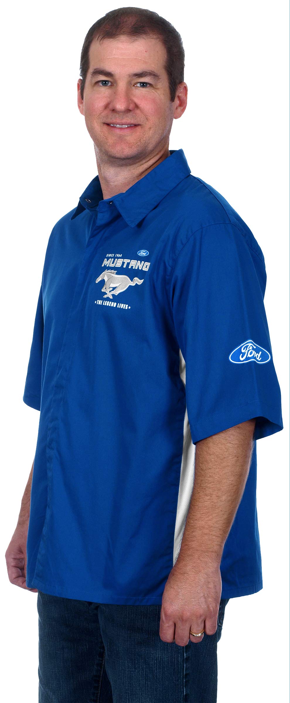 Men's Ford Mustang T-Shirt a Snap Down Royal Pit Crew Shirt (Large, Royal Blue)